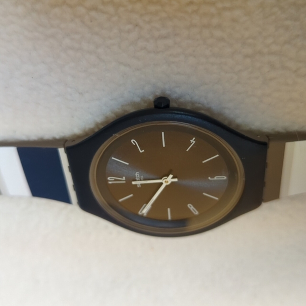 Men's Swatch Watch. Blue, White, Tan Stripes. - Gem